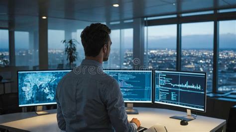 A Data Analyst Examining Complex Financial Data On Multiple Monitors In A Modern Office Stock