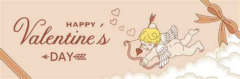 인사말 단어를 포함하는 발렌타인 데이 디자인 템플릿 구름 풍경에 날아 다니는 큐피드 가로 배너 고풍스런에 대한 스톡 벡터 아트 및 기타 이미지 Istock