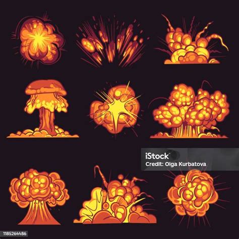 만화 폭발 폭탄 폭발 연기 효과와 화재 강타 다이너 마이트 폭발 플래시 파괴 위험 개체 만화 게임 벡터 세트 불길에 대한 스톡 벡터 아트 및 기타 이미지 Istock