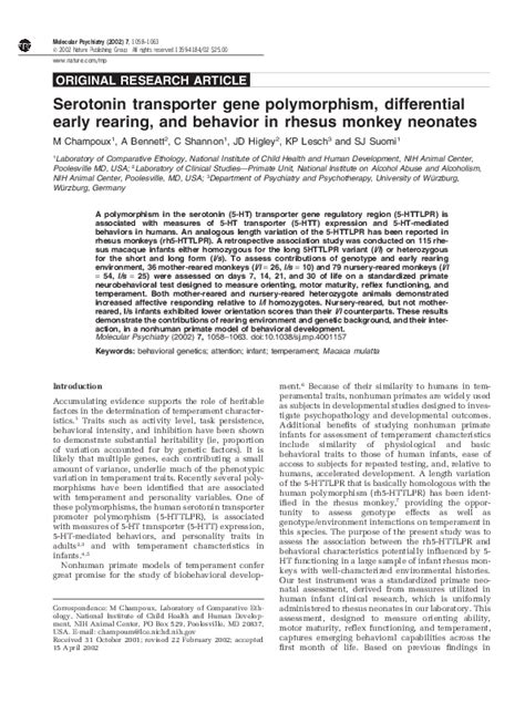Pdf Serotonin Transporter Gene Polymorphism Differential Early Rearing And Behavior In