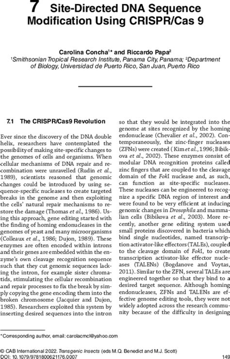 Site Directed Dna Sequence Modification Using Crispr Cas 9 Transgenic Insects