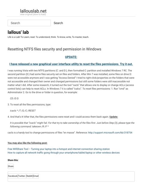 Reset Ntfs Files Security And Permissions In Windows Pdf Computer