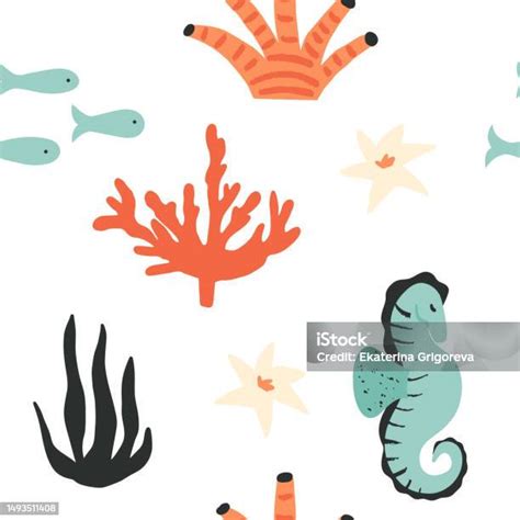 귀여운 바다 반복 바다 배경 수중 생물은 물고기 해마 식물 바다 백합 산호초 해초와 같은 꽃으로 손으로 그린 벡터 매끄러운 패턴입니다 귀여운에 대한 스톡 벡터 아트 및 기타