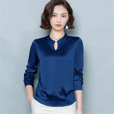 Korean Silk Women Blouses Women Satin Shirts Elegant Woman Long Sleeve