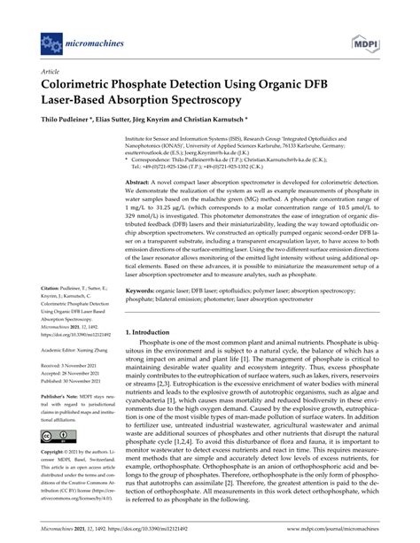 Pdf Colorimetric Phosphate Detection Using Organic Dfb Laser Based Absorption Spectroscopy