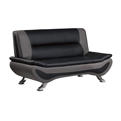 Benjara Elle 64 Inch Loveseat Black Gray Faux Leather Metal Legs