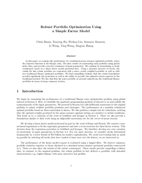 Pdf Robust Portfolio Optimization Using A Simple Factor Model