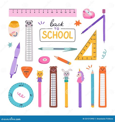 Cute Hand Drawn Set Of Back To School Stationery In Cartoon Style Collection Of Rulers