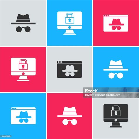 Set Incognito Mode Lock On Monitor And Browser Incognito Window Icon Vector Stock Illustration
