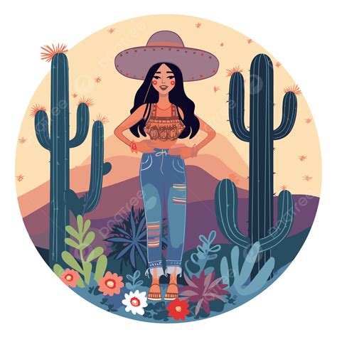 Coachella Clipart Girl Wearing A Hat And Jeans In Front Of An A Mexican