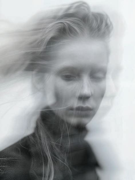 A Womans Face Captured In Motion With A Blurred Background Premium Ai