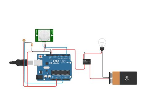circuit design lampu otomatis dengan sensor pir tinkercad