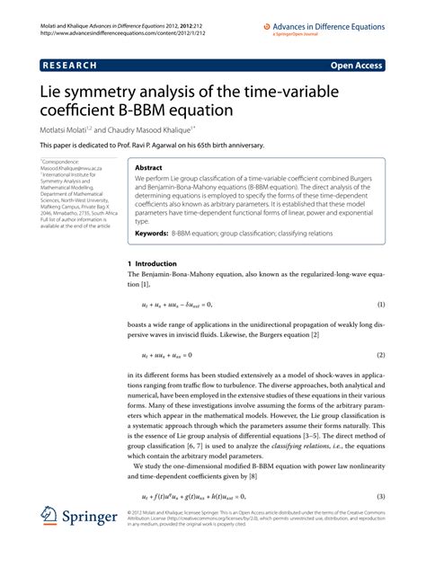 Pdf Lie Symmetry Analysis Of The Time Variable Coefficient B Bbm Equation