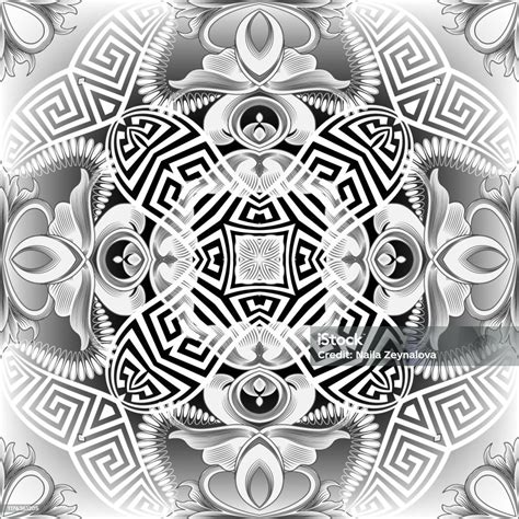 꽃 바로크 양식 추상 그리스 어 벡터 원활한 패턴입니다 흑백 장식 그리스어 배경입니다 빈티지 꽃입니다 그리스어 키 사행 꽃 잎