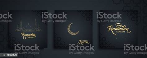 라마단 카림은 카드 세트를 축하합니다 라마단 이슬람 휴일 초대 템플릿 컬렉션 금 초승달 손으로 그린 글자 및 모스크 0명에 대한 스톡 벡터 아트 및 기타 이미지 Istock