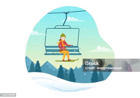 평평한 겨울 스포츠 활동에서 스키 리조트에서 내리막길을 가는 산 근처에서 미끄러지는 스키어와 함께 스키 그림 만화 손으로 그린 템플릿 겨울에 대한 스톡 벡터 아트 및 기타