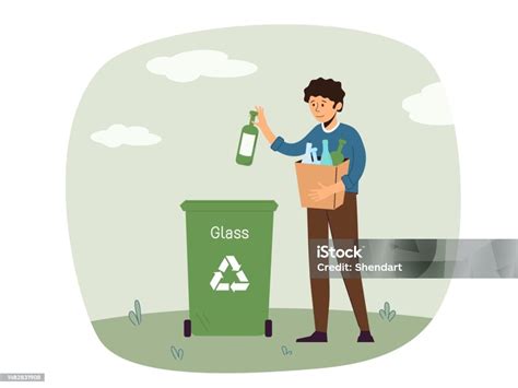 쓰레기를 분류하는 남자 소년은 쓰레기통에 유리 쓰레기를 던진다 환경 보호 쓰레기통 또는 재활용 및 재사용 용기 격리된 벡터