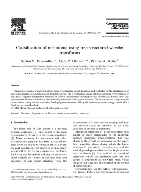 Pdf Classification Of Melanoma Using Tree Structured Wavelet Transforms