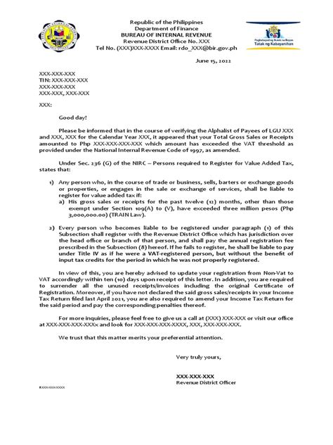 Letter To Tp Nonvat To Vat 3 Pdf Value Added Tax Taxes