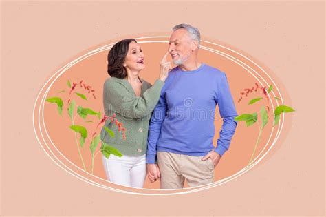 Collage Picture Of Two Positive Aged Partners Hold Arms Touch Nose Have