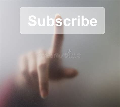 Woman Pressing Subscribe Button On Grey Background Stock Photo Image Of Advertising Hand