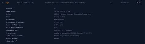soc168 — whoami command detected in request body by