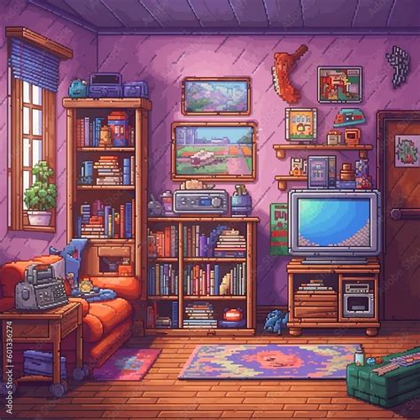 16 Bit Pixel Art Room With Tv And Books Generative Ai Stock