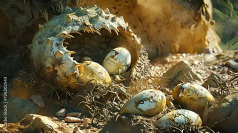 A Fossilized Nest With Several Eggs Hatching Portraying A Scene Of New