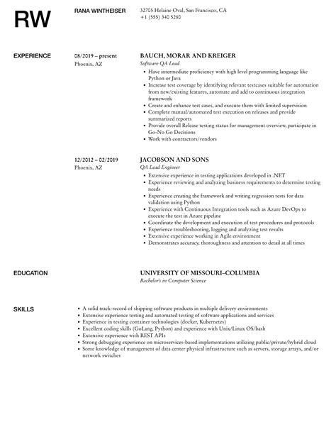 QA Lead Resume Samples Velvet Jobs