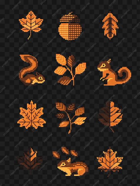 Premium PSD | Set of simple acorn 8 bit pixel with leaves and squirrels and geome game asset art ...