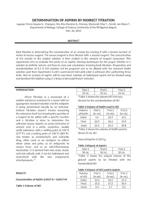 Docx Determination Of Aspirin By Indirect Titration Dokumen Tips
