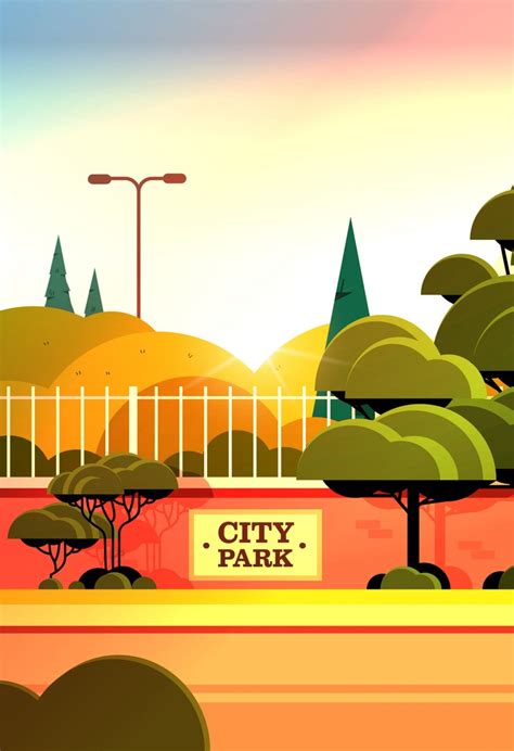 City Park Sign Board On Fence Beautiful Summer Day Sunset Landscape