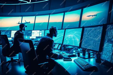 Premium Photo Two Men Sitting At Desk In Front Of Multiple Monitors