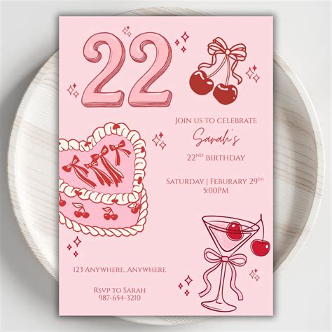 Cherry 22nd Birthday Invitation Template Pink Coquette Birthday