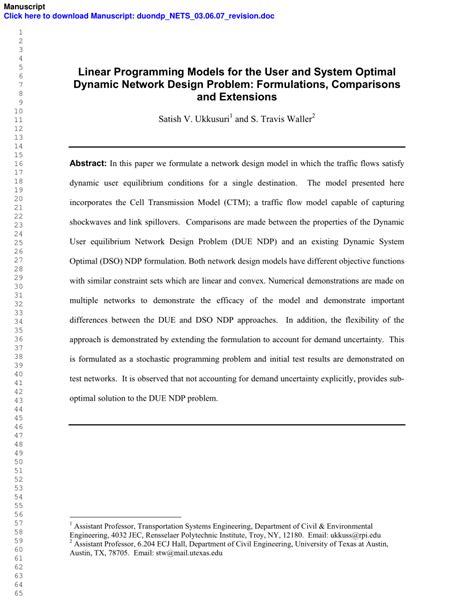 Pdf Linear Programming Models For The User And System Optimal Dynamic