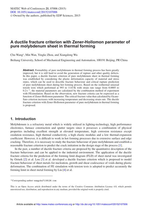 Pdf A Ductile Fracture Criterion With Zener Hollomon Parameter Of