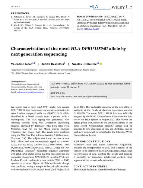 Characterization Of The Novel Hla Dpb1135901 Allele By Next Generation Sequencing Request Pdf