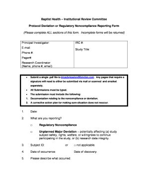 Fillable Online Protocol Deviation Or Regulatory Noncompliance Reporting Form Fax Email