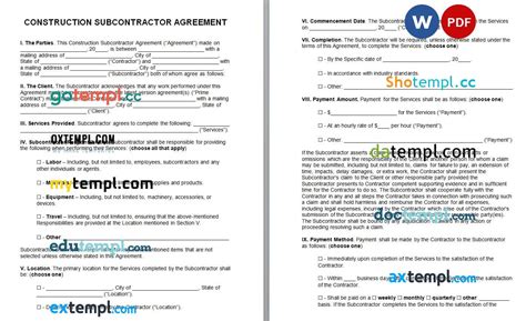 Construction Subcontractor Agreement Word Example Fully Editable Oxtempl