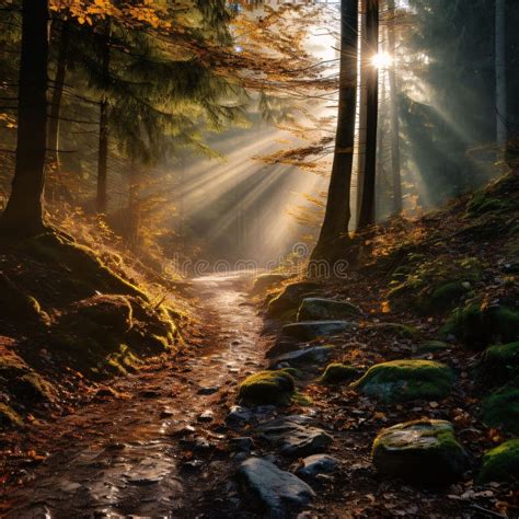 Autumn Forest With Sun Rays Shining Through The Trees And Stones Stock