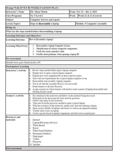 Csr Level 1 Lesson Plan Cycle 6 Pdf Troubleshooting Laptop
