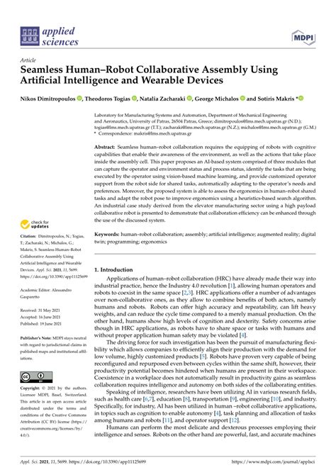 PDF Seamless HumanRobot Collaborative Assembly Using Artificial Intelligence And Wearable Devices