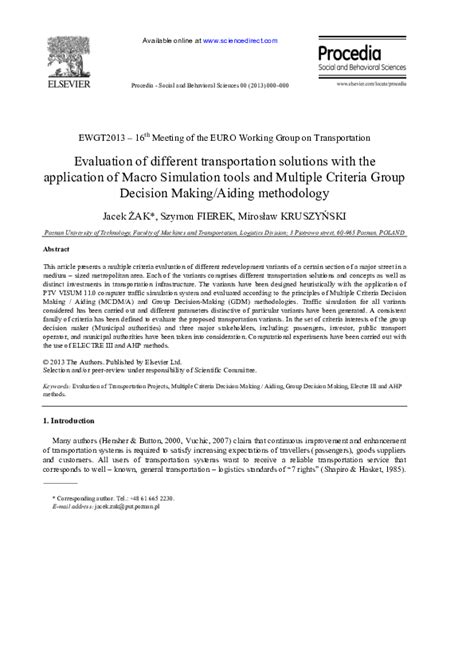 Pdf Evaluation Of Different Transportation Solutions With The Application Of Macro Simulation