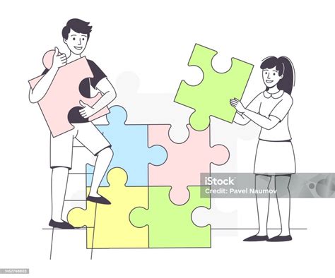 남자와 여자는 모자이크 조각을 함께 연결하는 직소 퍼즐을 조립 벡터 일러스트 레이 션 대형에 대한 스톡 벡터 아트 및 기타
