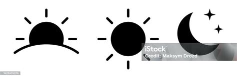 떠오르는 태양 초승달 및 별의 검은 실루엣 번들 낮과 밤 시간 픽토그램 모음 흰색 배경에 격리 된 디자인 요소 집합입니다 벡터 일러스트레이션 아이콘에 대한 스톡 벡터 아트