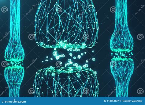 Blue Glowing Synapse Artificial Neuron In Concept Of Artificial