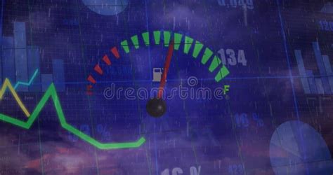 Image Of Speedometer And Statistical Data Processing Against Rain And Clouds In The Sky Stock