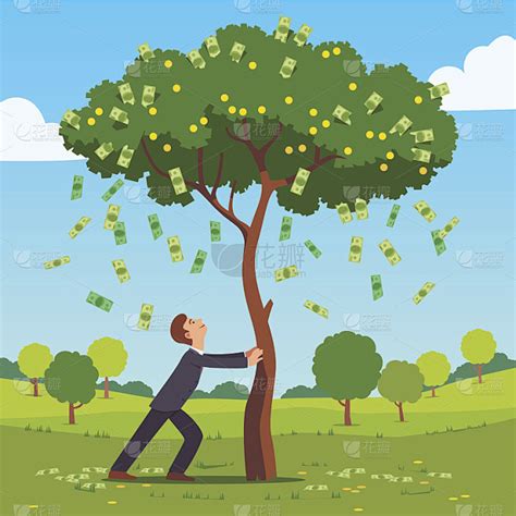 商人摇晃着高大的现金树和钞票
