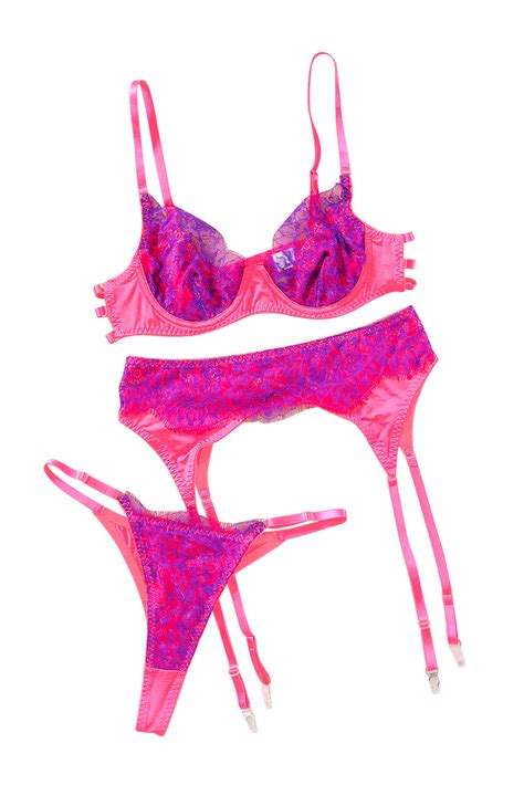 Rose 3pcs Color Block Lace Contrast Lingerie Set With Garter Belt Dvl