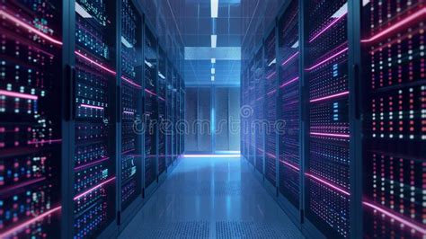 Rows Of High Tech Computer Servers In A Modern Data Center Blue Lit Equipment Humming In A